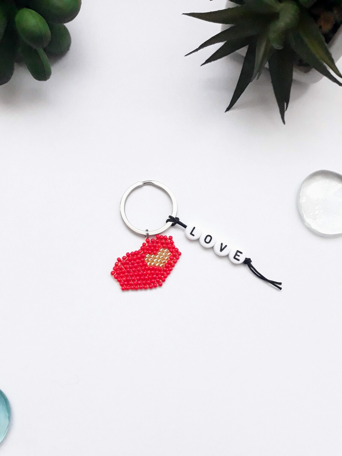 Mini Heart Keychain, Heart Charm and LOVE Message, Red Beaded Heart - Etsy