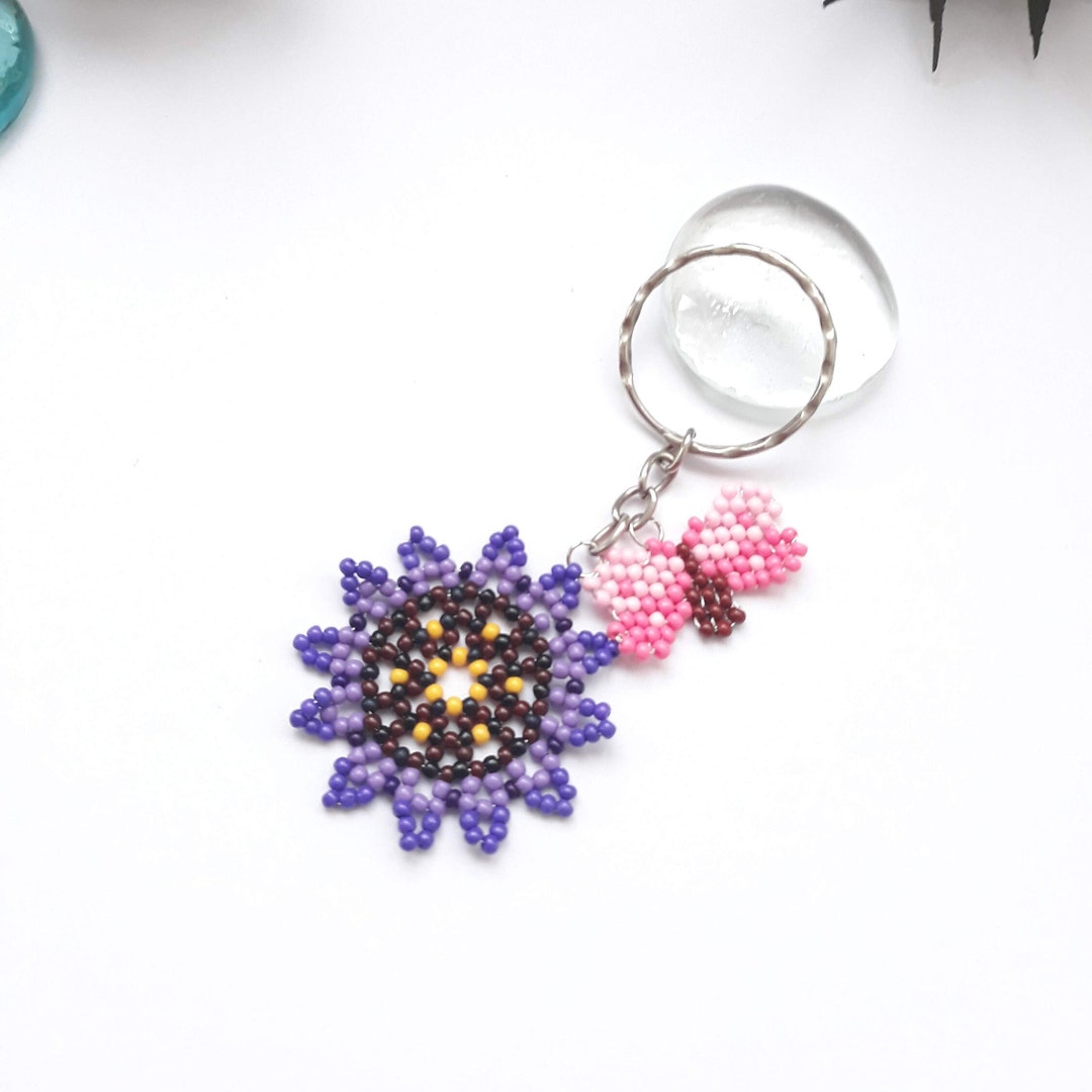 Beaded Flower Keychain: Purple Floral Car Charm With Butterfly - Etsy
