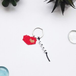 Mini Heart Keychain, Heart Charm and LOVE Message, Red Beaded Heart - Etsy