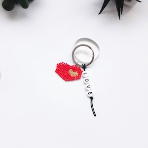 Mini Heart Keychain, Heart Charm and LOVE Message, Red Beaded Heart - Etsy