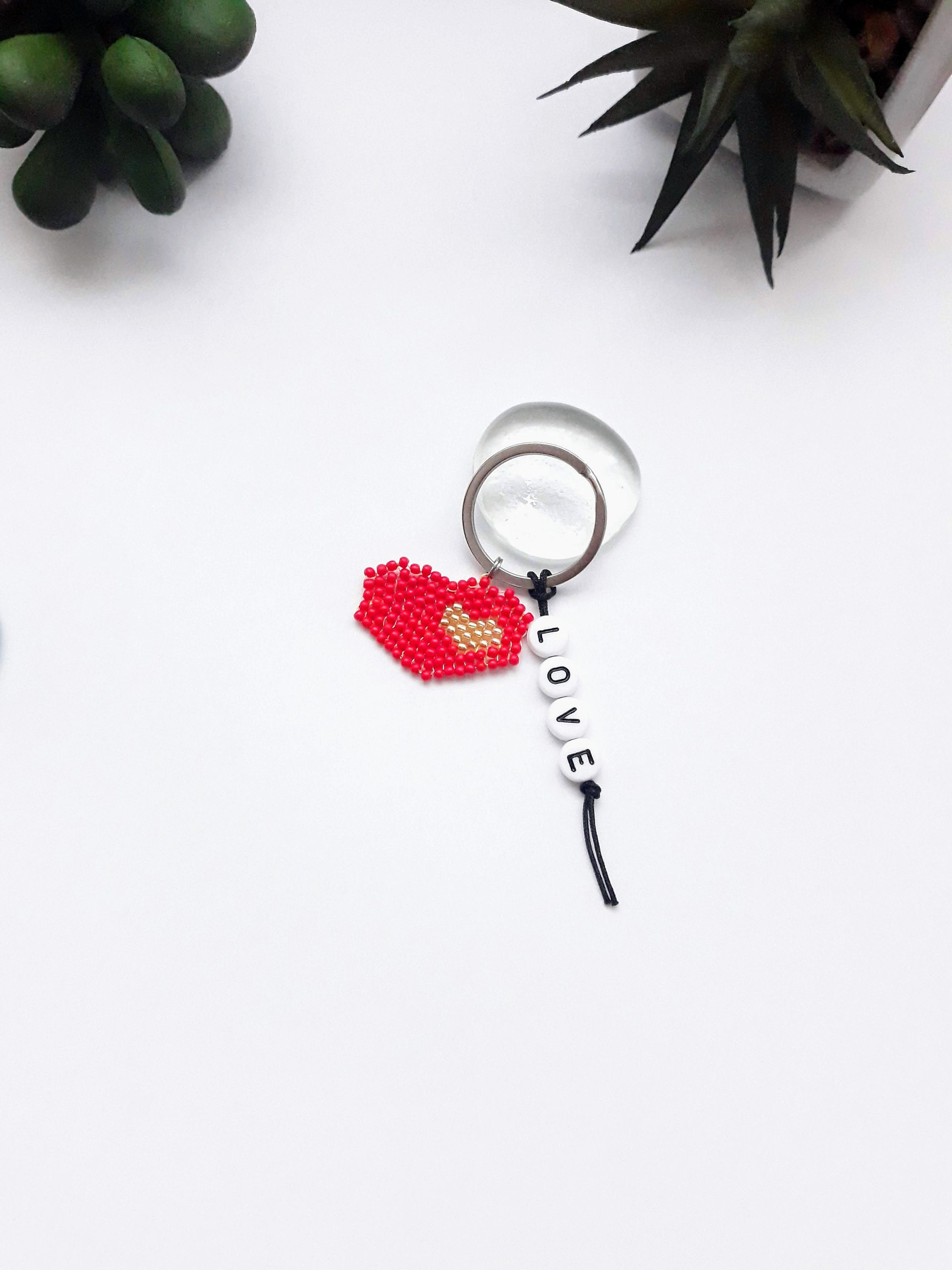 Mini Heart Keychain, Heart Charm and LOVE Message, Red Beaded Heart - Etsy