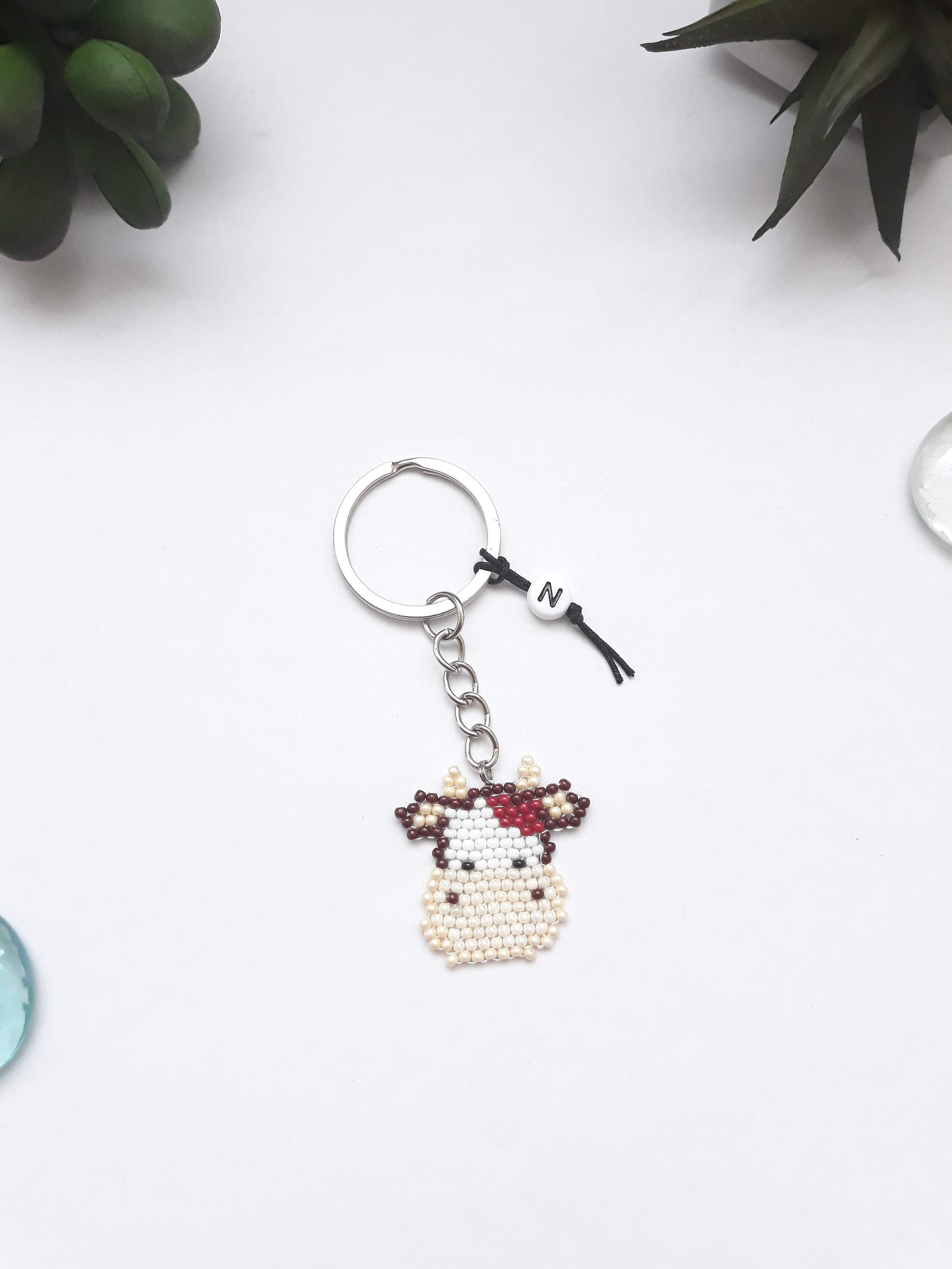 Beaded Cow Keychain: Handmade Glass Bead Charm - Etsy