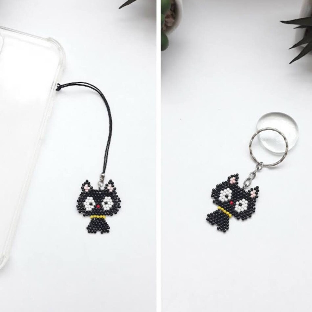 Black Cat Keychain,beaded Kitten Accessory,black Cat Charm,phone Charm ...