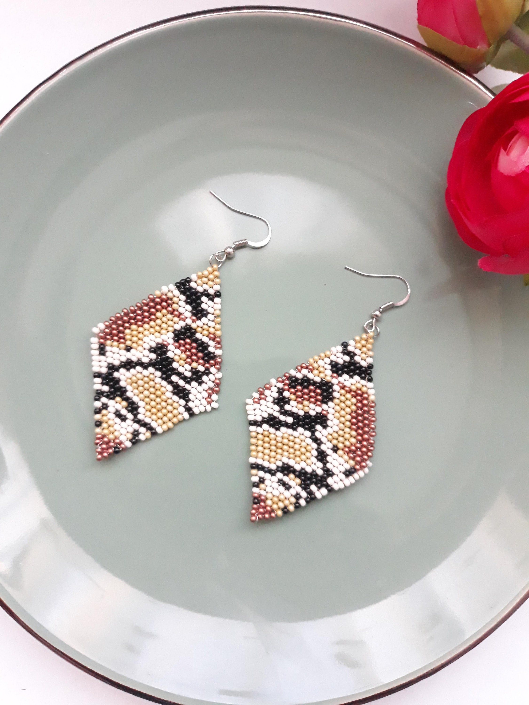 Snakeskin Earrings,handmade Beaded Earrings,snake Print Dangle Earrings ...