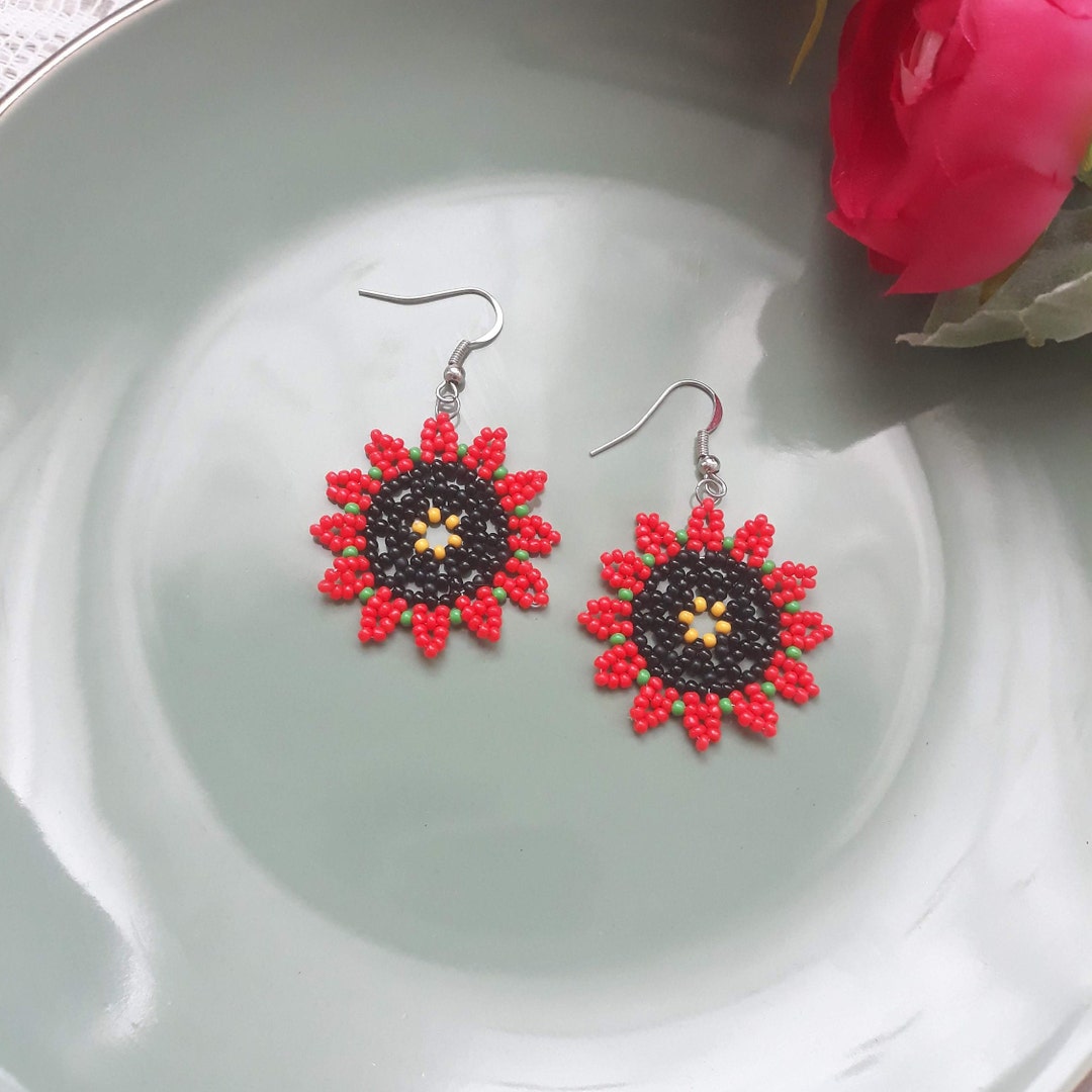 Beaded Poppy Earrings: Handmade Huichol Style Earrings - Etsy
