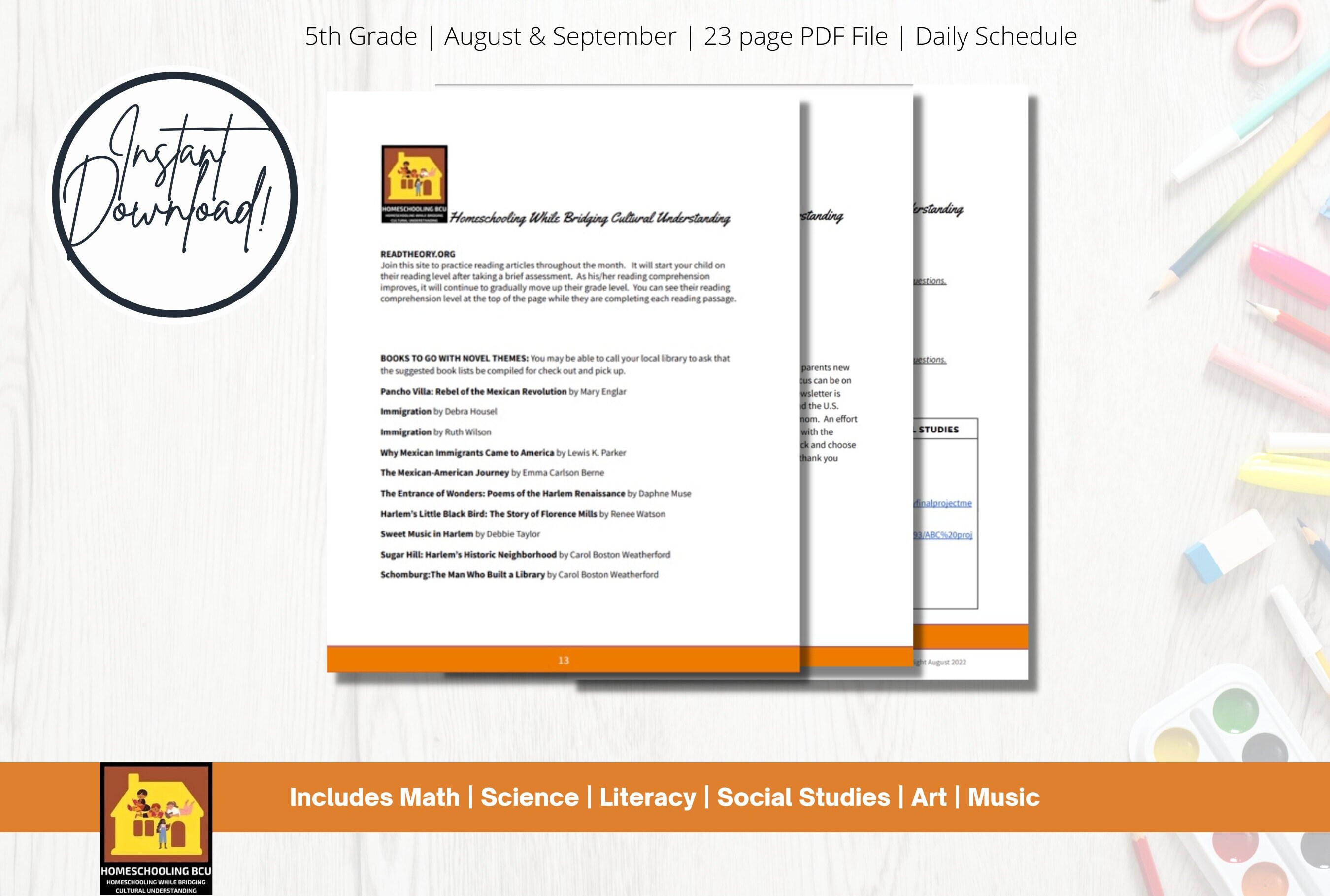 5th Grade Homeschooling Lesson Plans for August/september, Includes ...