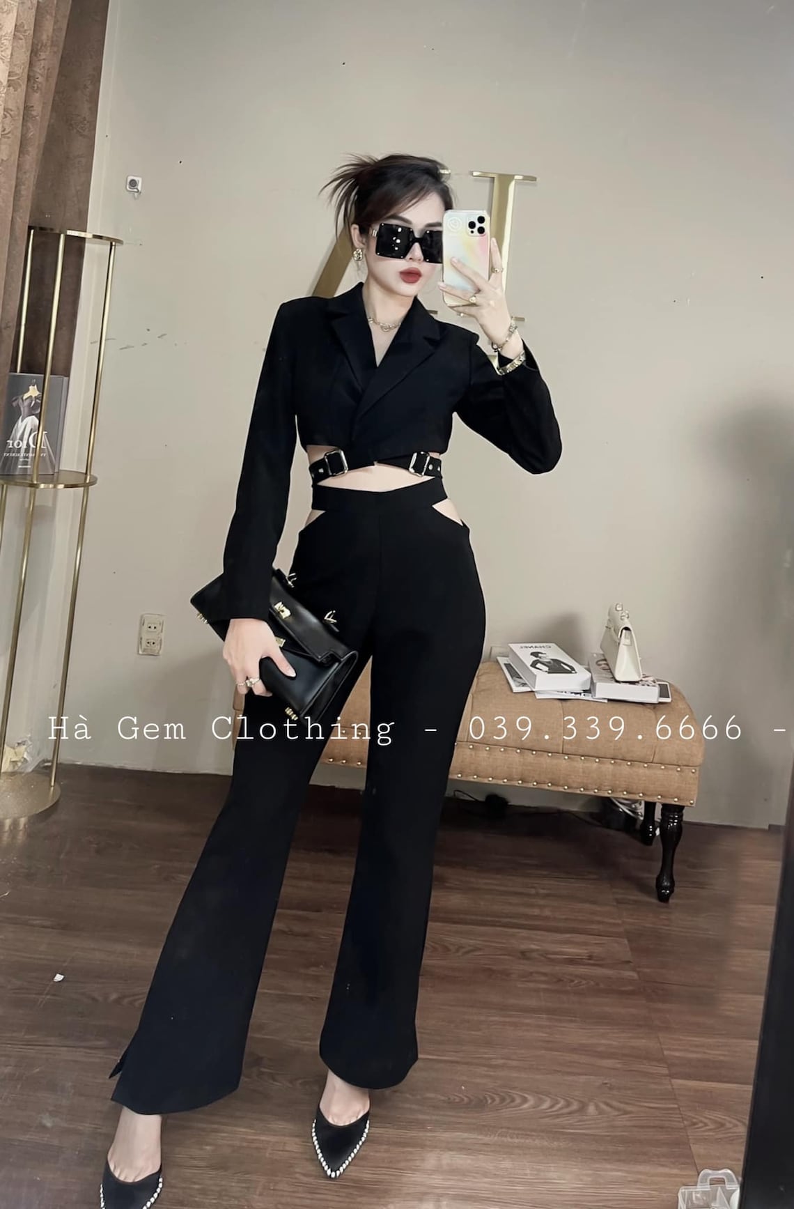 Black Cut Out Cropped Blazer and Wide Leg Pants 2 Piece Pant Suit Set ...
