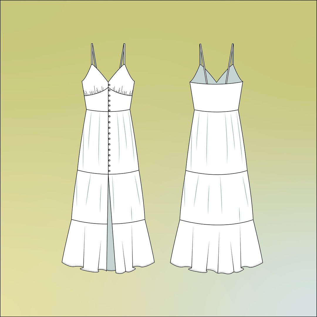 Front Button Tiered Strap Maxi Dress Flat Templates / Technical ...