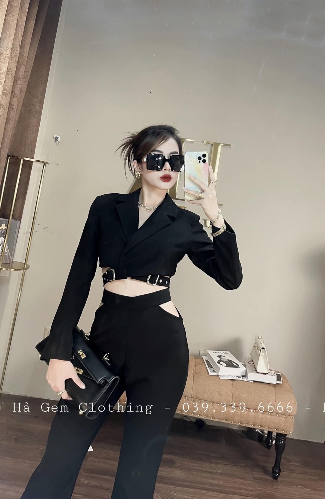 Black Cut Out Cropped Blazer and Wide Leg Pants 2 Piece Pant Suit Set ...