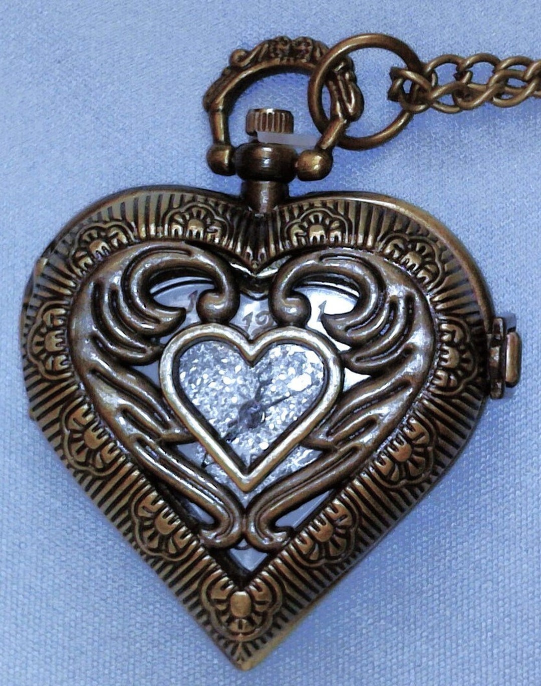 Small Vintage Style Heart Pocket Watch Bronze Heart Numeral Pocketwatch ...