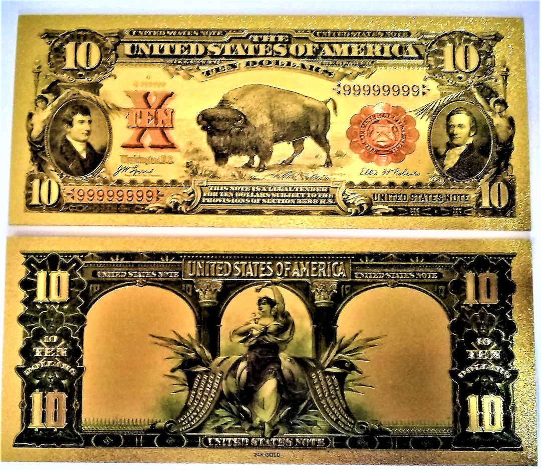 Buffalo & Bison 10 Dollar Gold Color Foil Bill U.S. Bearer Note Novelty ...