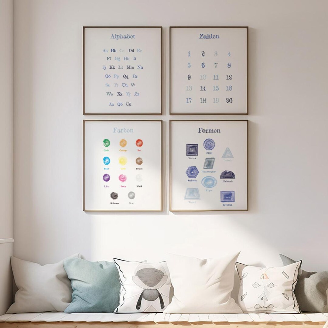 Children's Poster Set of 4 Blue – Alphabet, Numbers, Colors & Shapes ...