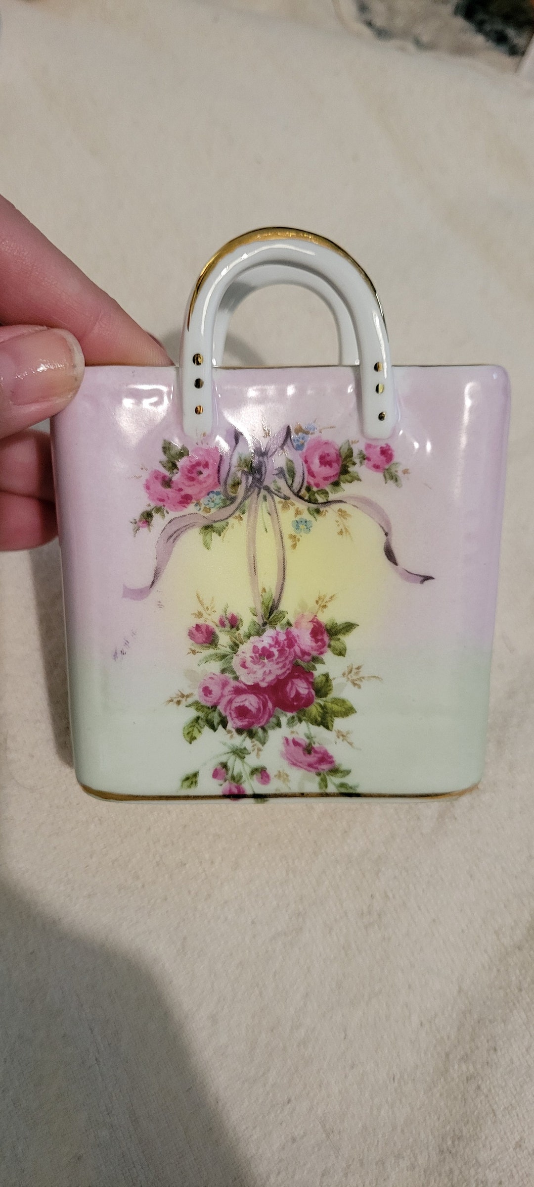 Cute Little Vintage Nantucket Porcelain Shopping Bag With Flowers and ...