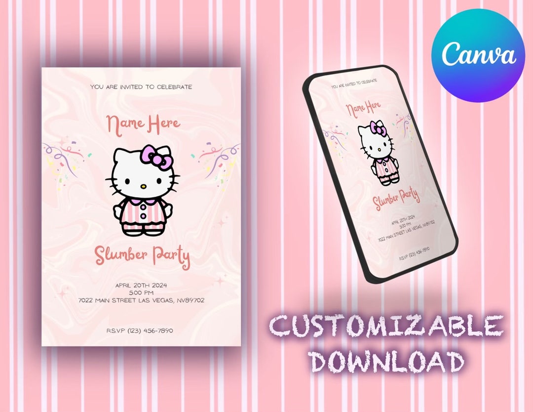 Kitty Sleepover Party Invitation Self-editable in Canva Kawaii Slumber ...