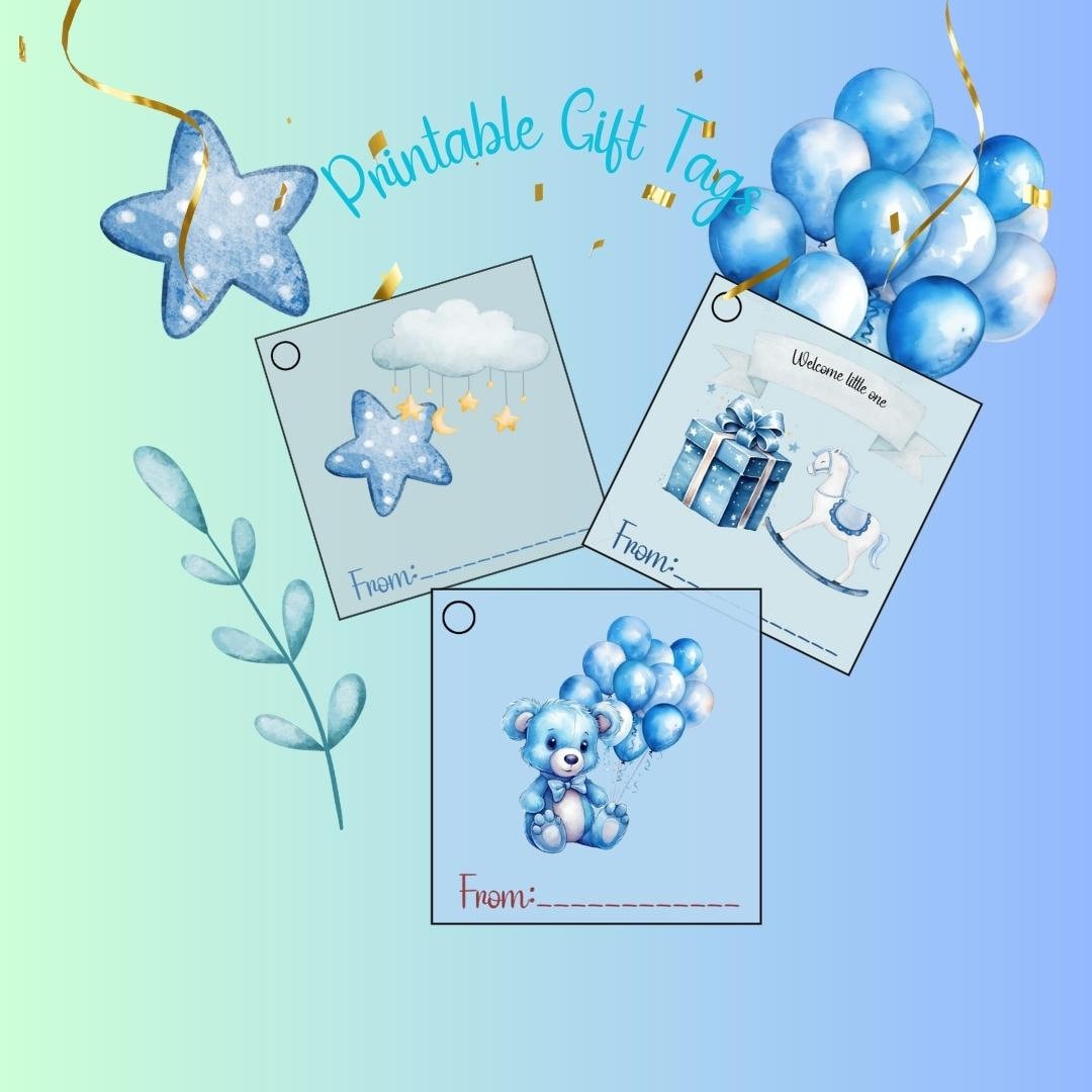 Printable Baby Boy Gift Tags With Watercolor Balloons and - Etsy