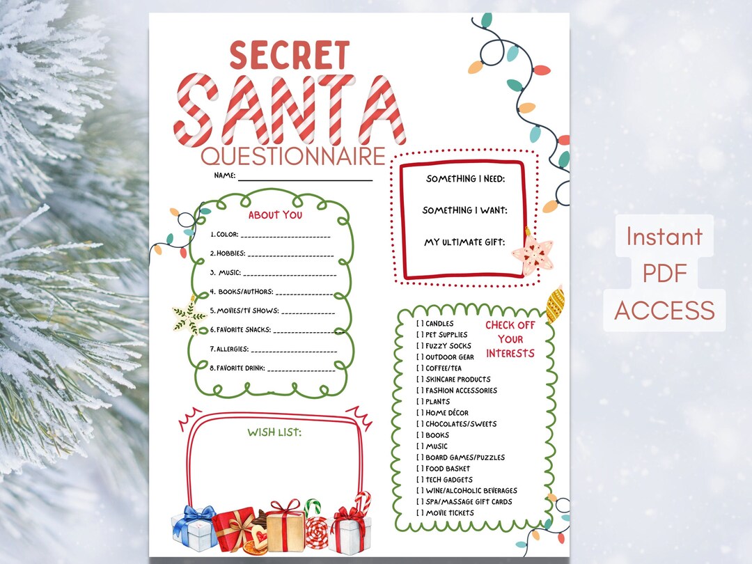 Secret Santa Questionnaire, Christmas Party, Work Secret Santa, Secret ...