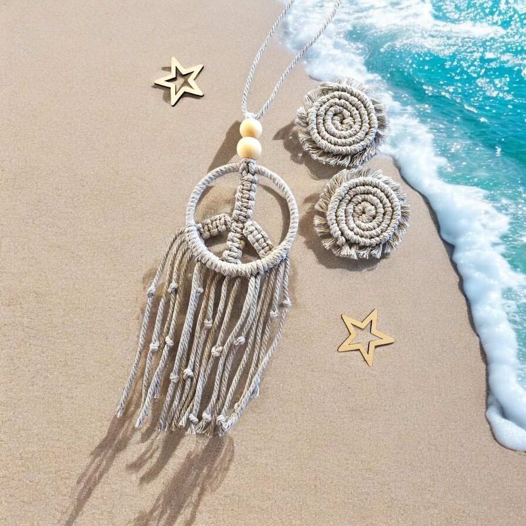Set: Macrame Peace Sign Rear View Mirror Charm and 2 Car Coasters, Van ...
