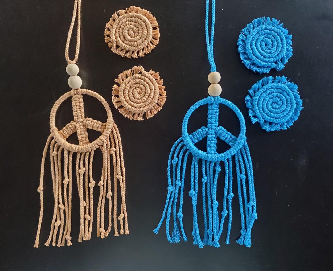 Boho Set of Macrame Peace Sign Rear View Mirror Charm and 2 Car ...