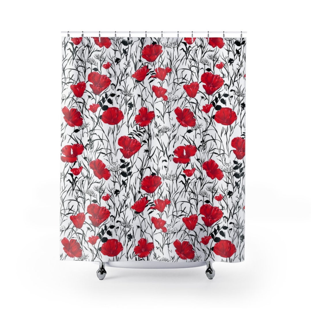 Poppy Shower Curtain, Floral Shower Curtain, Red Poppy Decor, Red ...