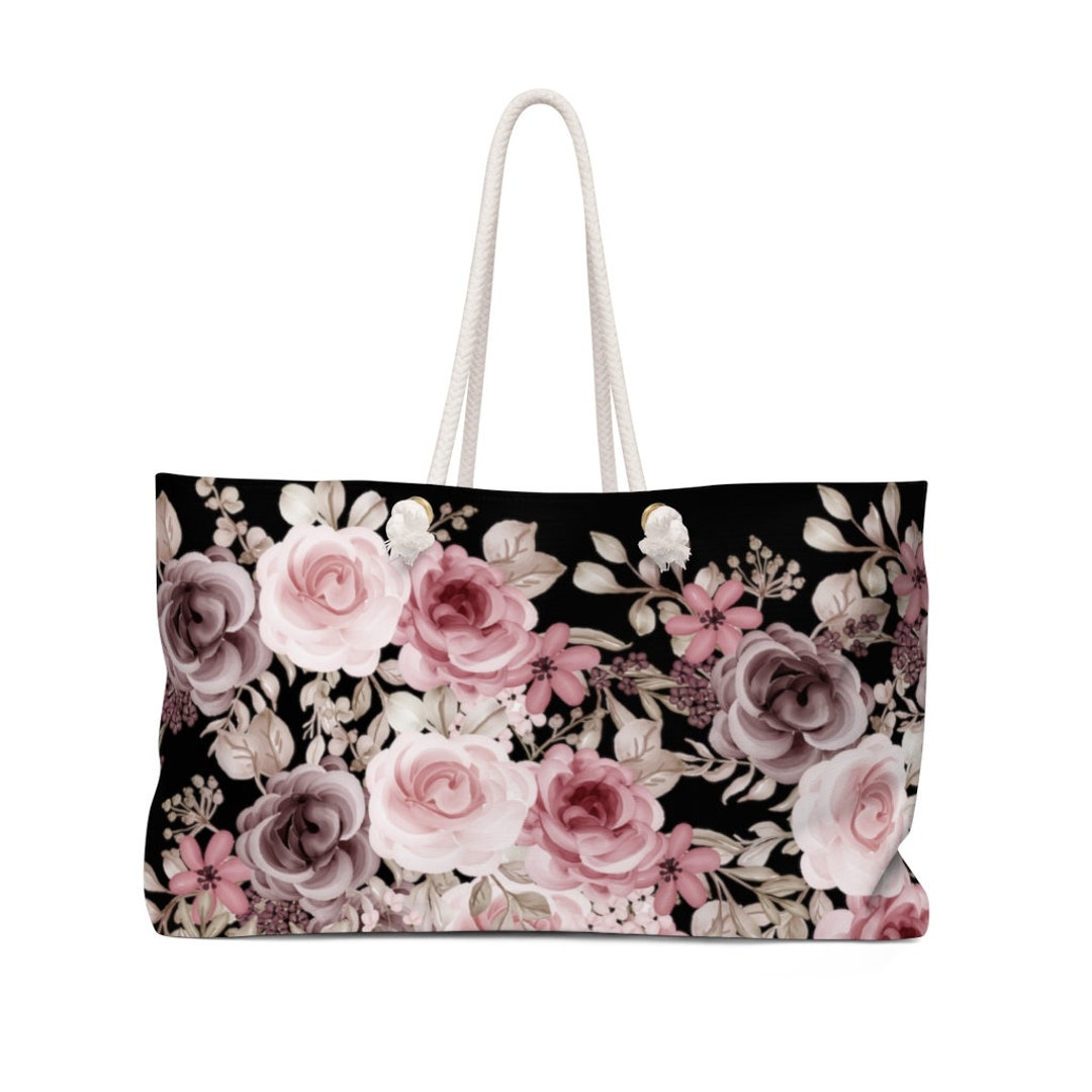 Black Floral Weekender Bag, Pink Rose Travel Bag, Overnight Bag, Womens ...