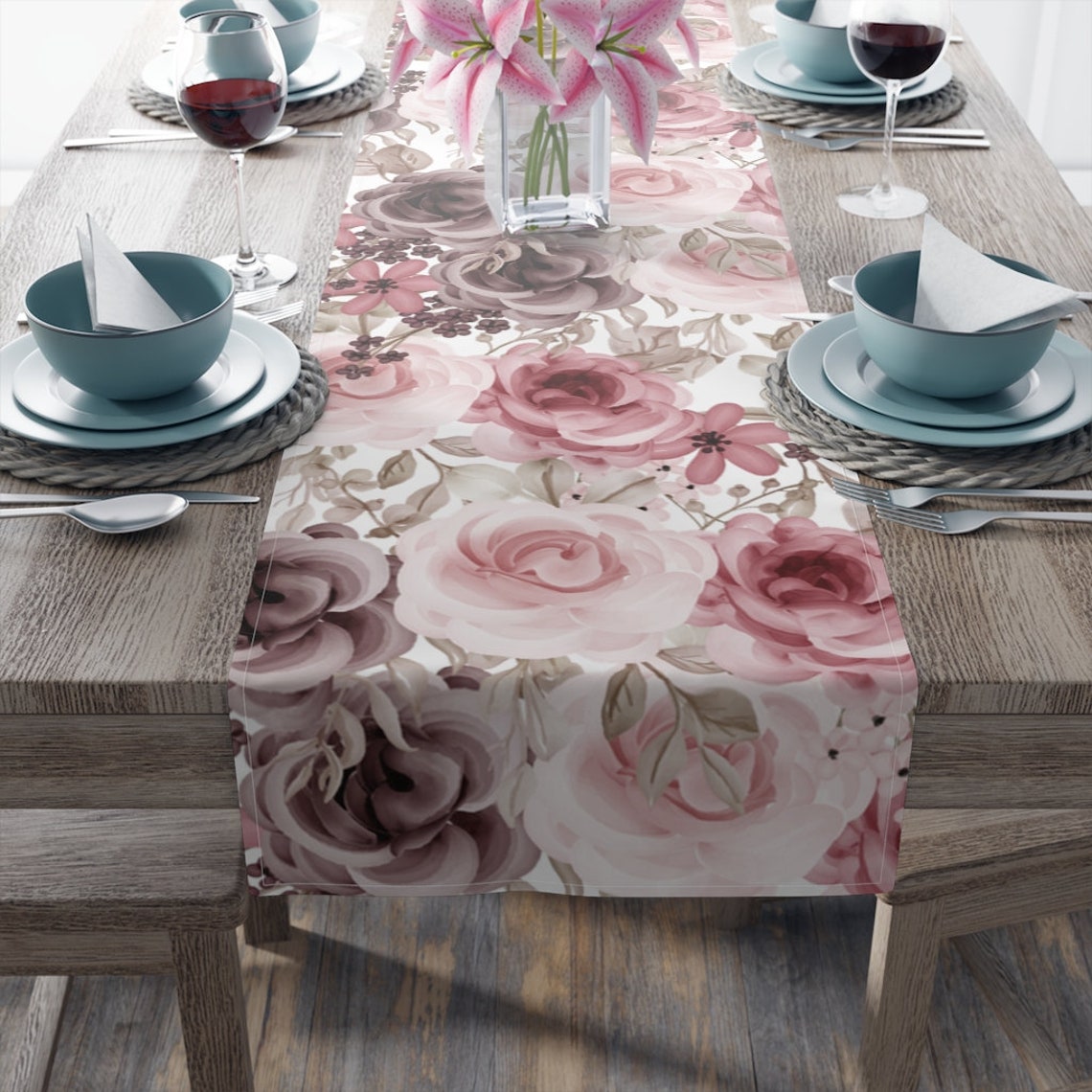 Floral Table Runner, Rose Table Decor, Pink Rose Table Runner, Purple ...