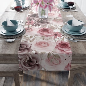 Floral Table Runner, Rose Table Decor, Pink Rose Table Runner, Purple ...