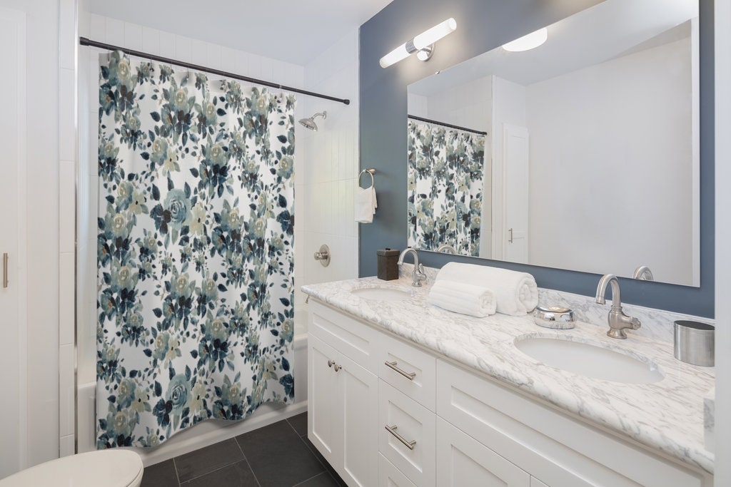 Navy blue floral shower curtain store