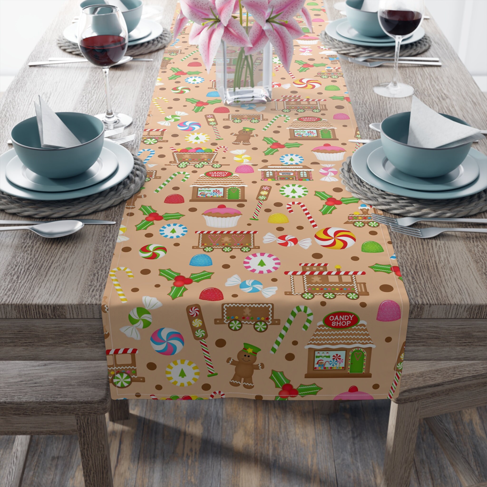 Christmas Table Runner, Gingerbread Man Table Decor, Candy Cane Table ...