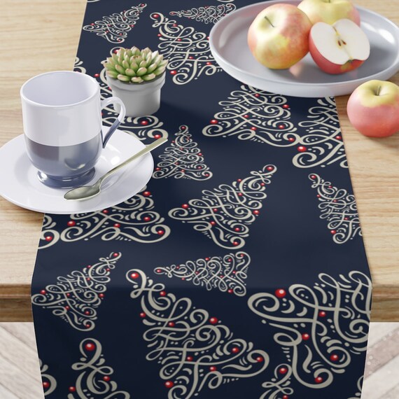 Navy Blue Table Runner Silver Tree Table Runner Christmas - Etsy