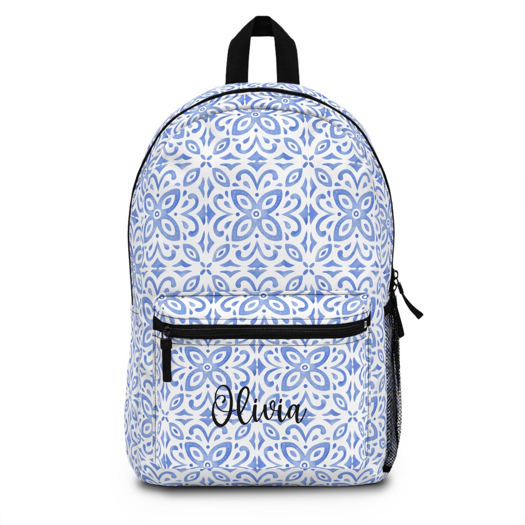 Blue Backpack, Personalized Backpack, Blue Tile Print Bag, Girl's Carry ...
