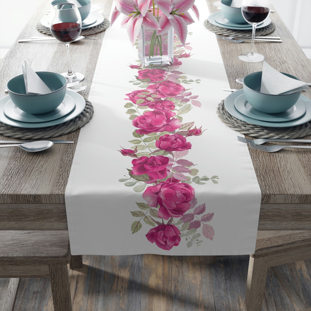 Pink Rose Table Runner, Summer Table Runner, Floral Table Cover, Rose ...