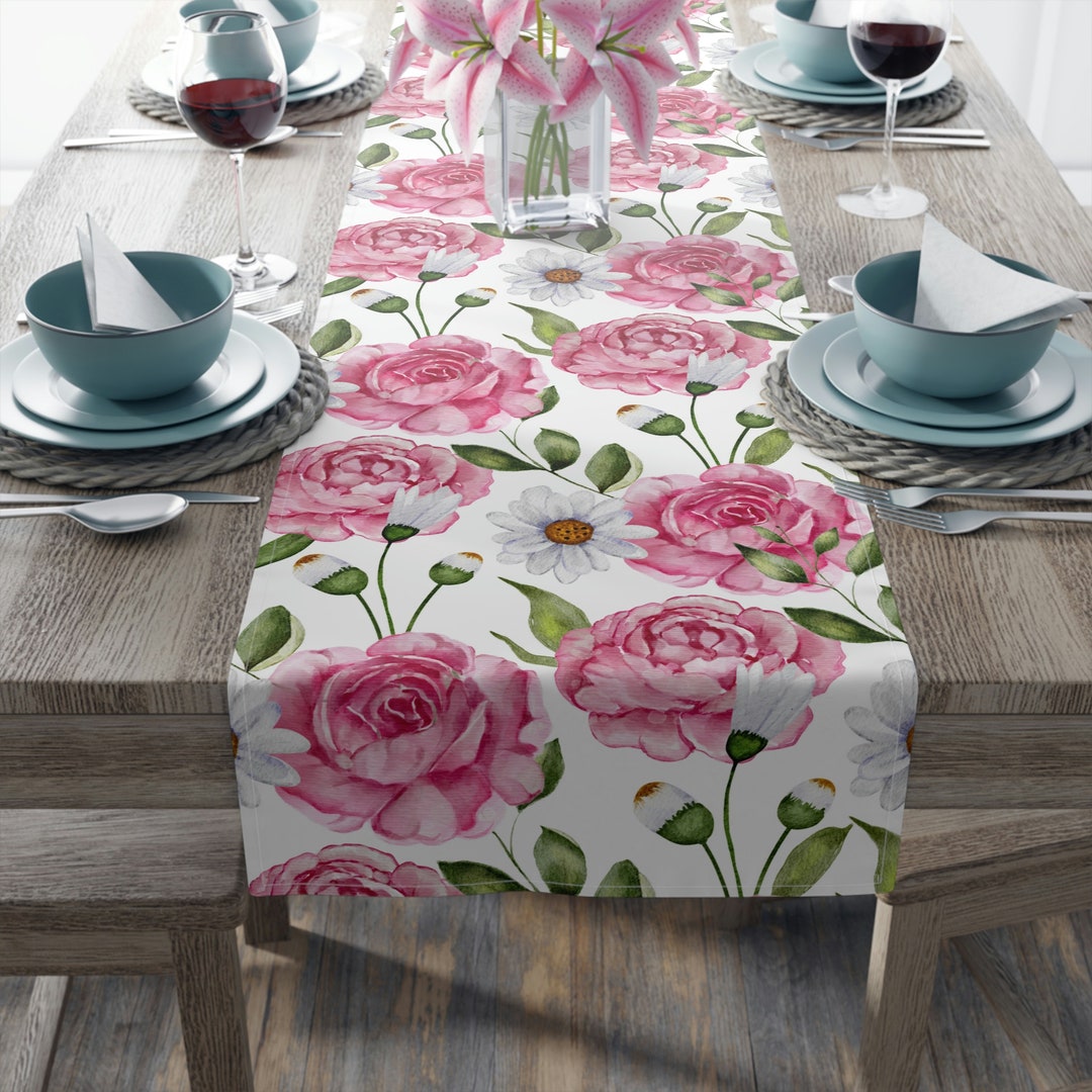 Floral Table Runner, Pink Rose Decor, Pink Table Runner, Daisy Table ...
