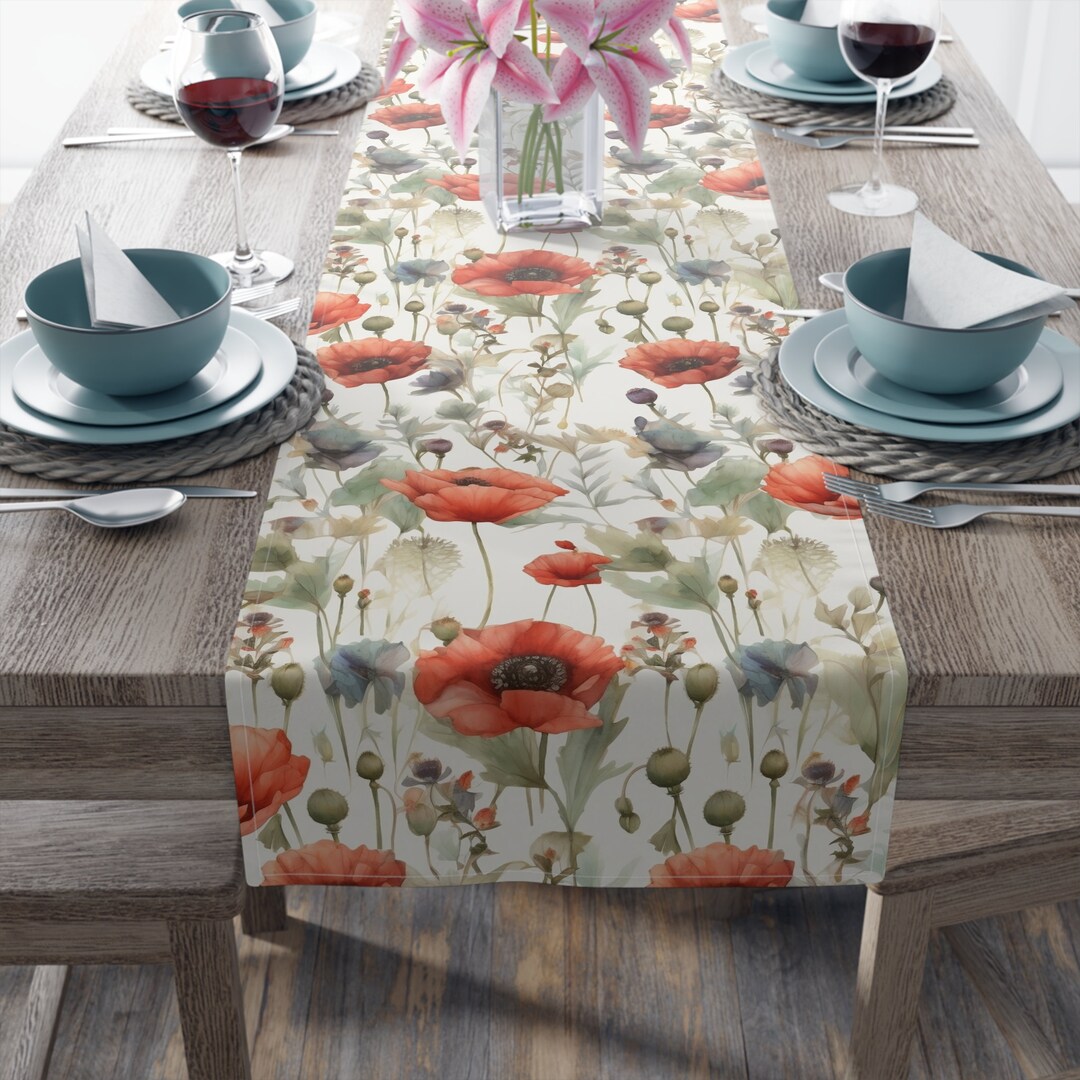 Poppy Table Runner, Red Floral Table Runner, Watercolor Floral Table ...