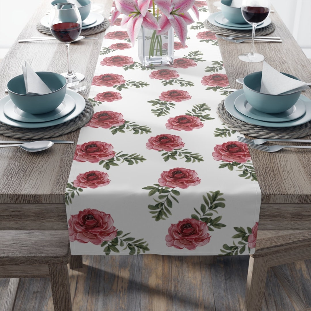 Floral Table Runner, Red Rose Table Runner, Watercolor Rose Decor ...