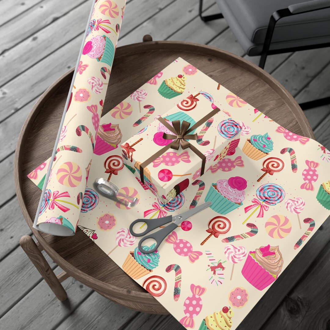 Retro Christmas Candy Wrapping Paper, Pink Christmas Gift Wrap, Cupcake ...
