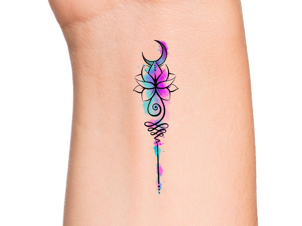 Lotus Moon Unalome Temporary Tattoo / Watercolor Tattoo / - Etsy
