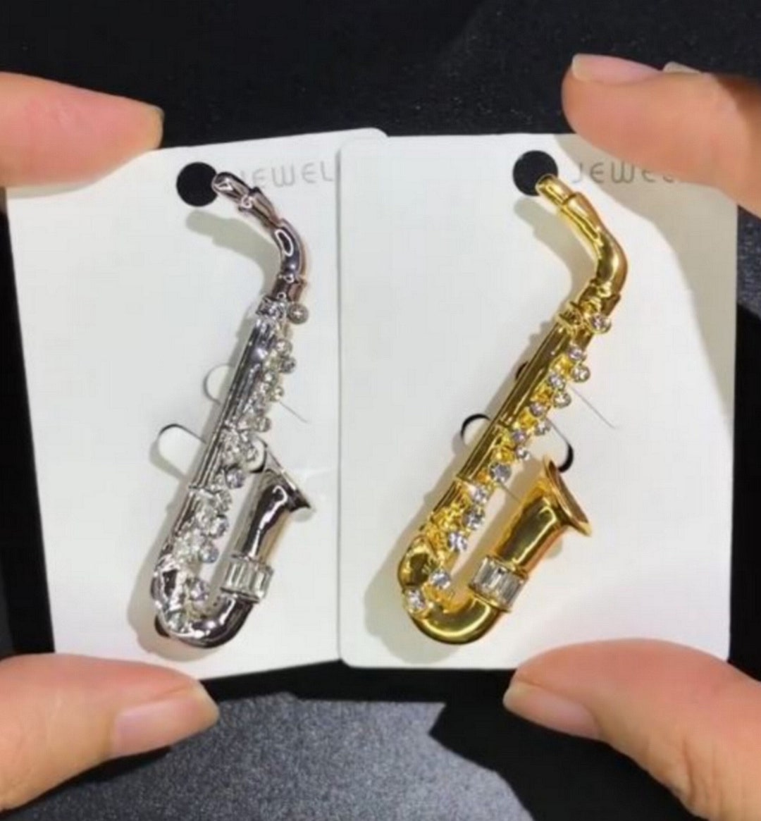 Jewel Saxophone Brooch Steel Color Silver or Gold to Choose - Etsy UK