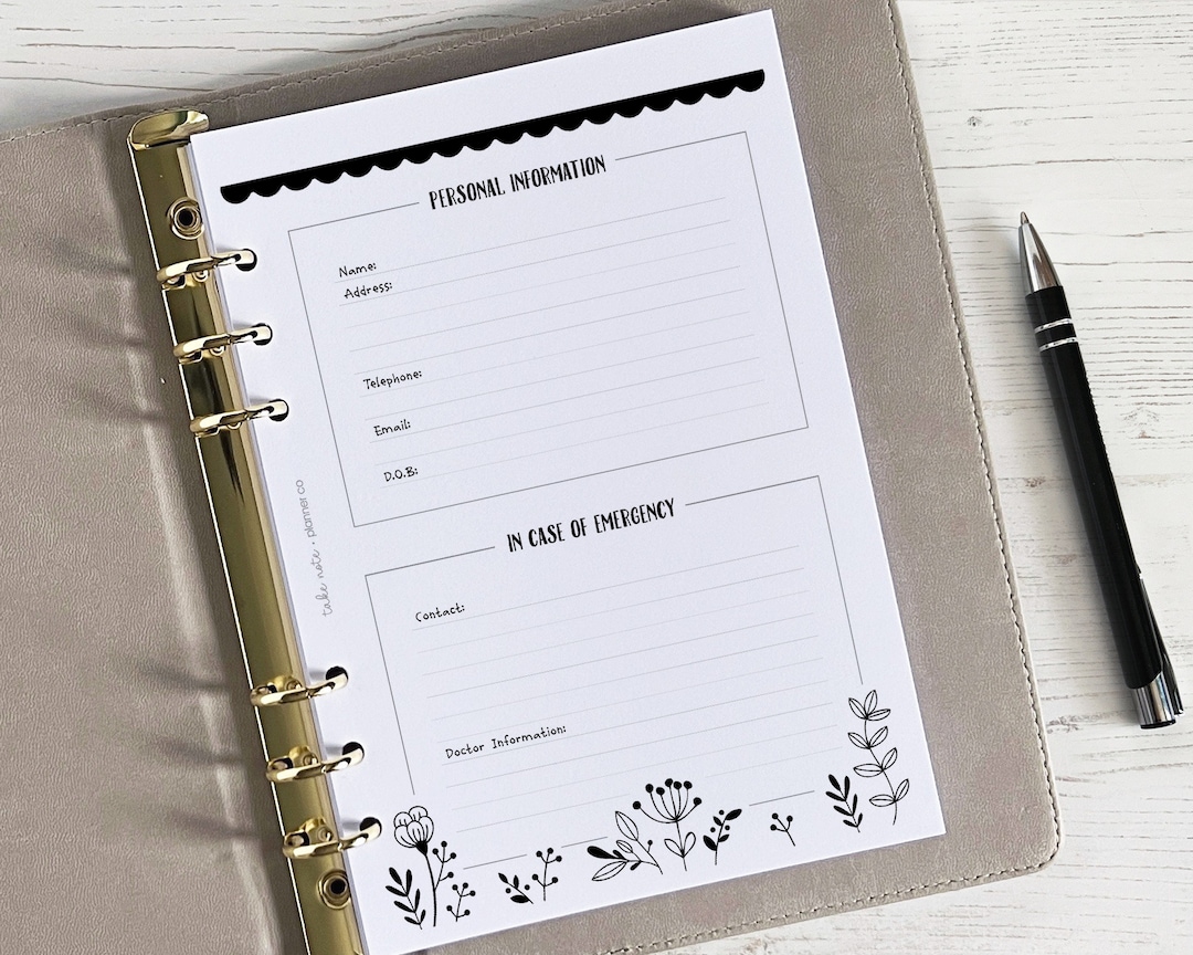 Personal Info Page A5 Planner Insert Planner Refill Pages floral ...