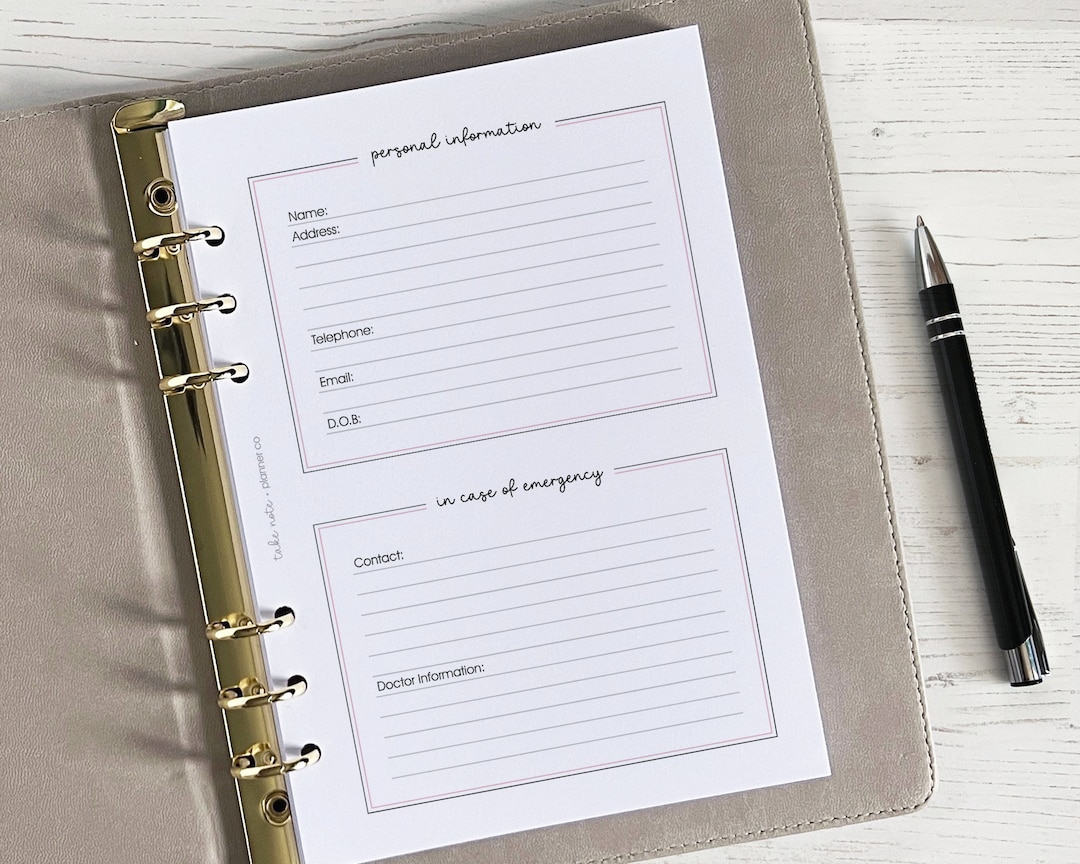 Personal Info Page A5 Planner Insert [classic:personalinfo] - Etsy