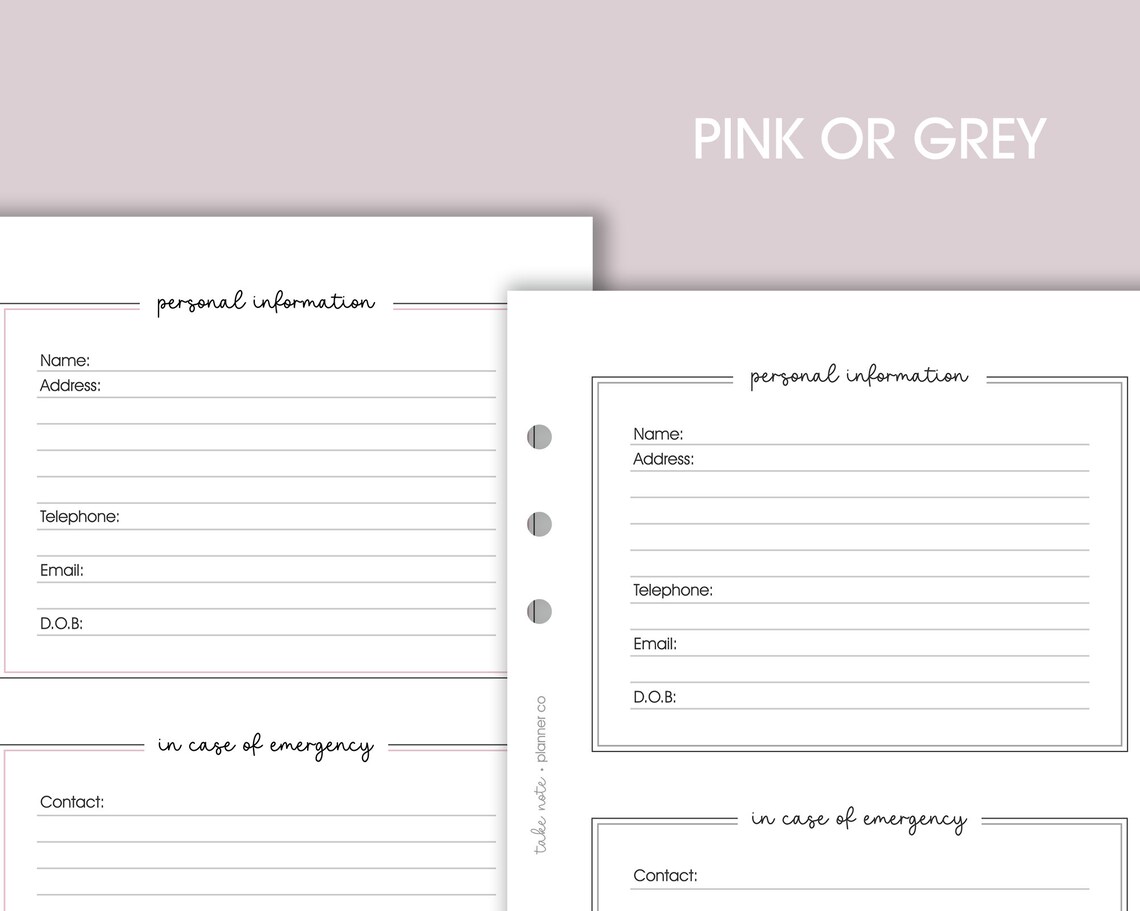 Personal Info Page A5 Planner Insert [classic:personalinfo] - Etsy