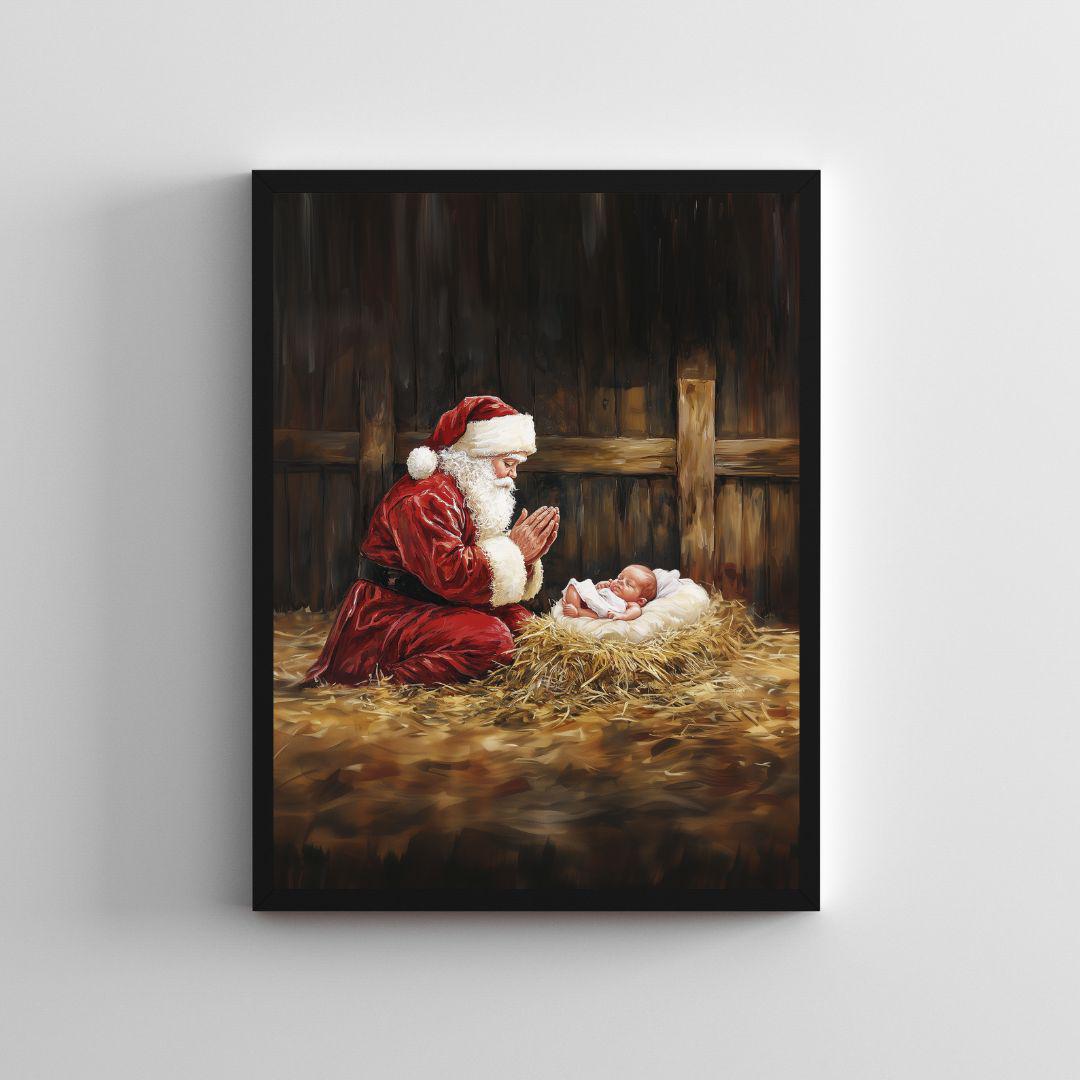 Santa Kneeling at Manger Print: Christmas Nativity Art (digital ...
