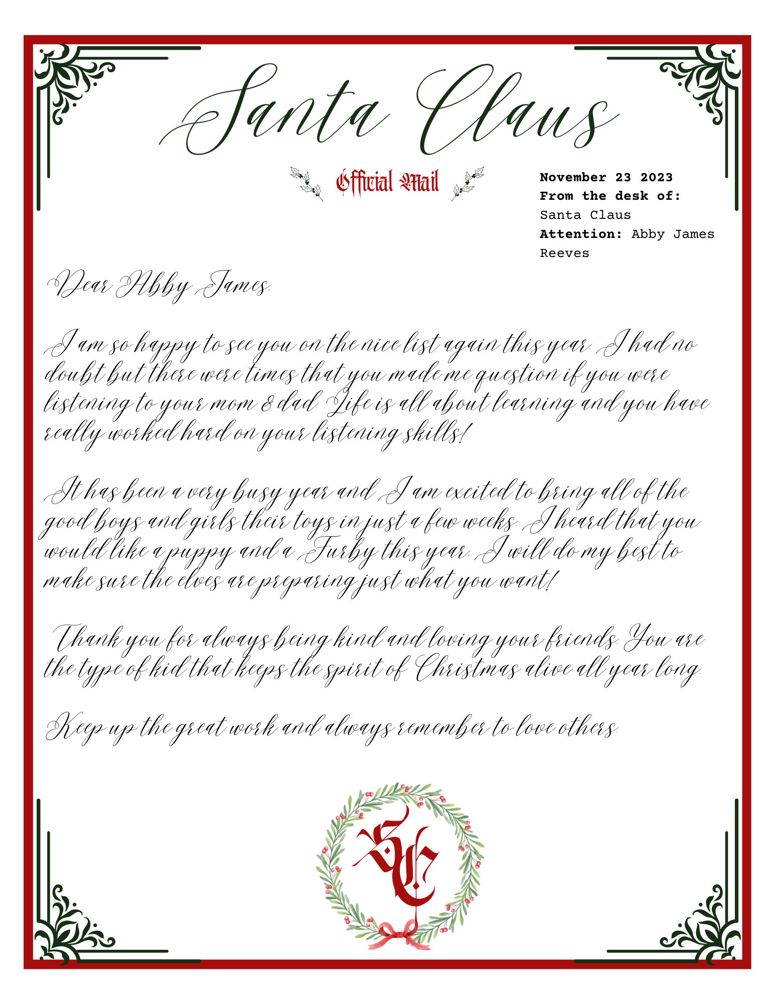 Letter From Santa | Santa Claus Letter Template | DIY Letter From Santa ...