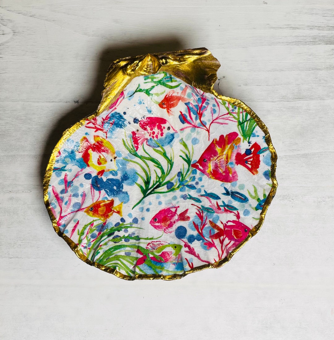 Handmade Tropical Fish Decoupaged Scallop Shell Trinket Dish Perfect ...