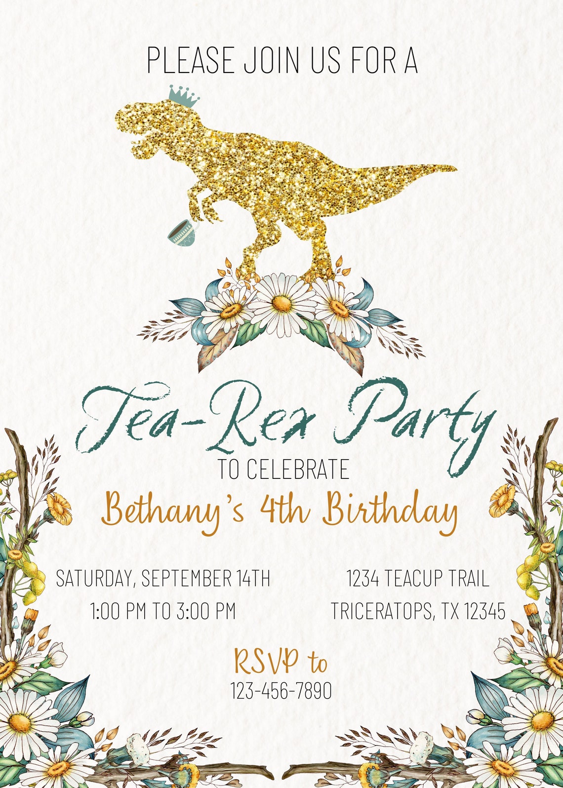 Tea-rex Dinosaur Tea Party Kids Birthday Party Invitation - Etsy