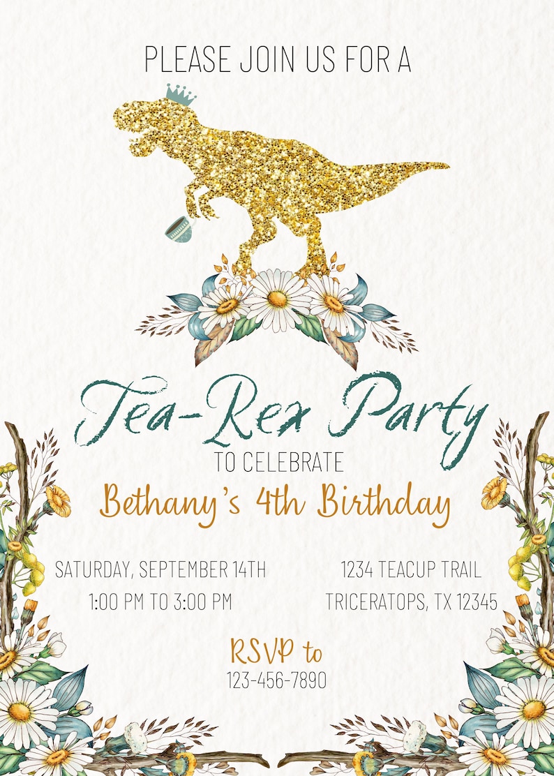 Tea-rex Dinosaur Tea Party Kids Birthday Party Invitation - Etsy