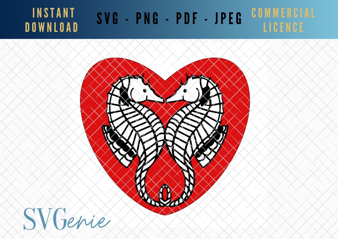 Seahorse Heart SVG, Mirrored Sea Creatures, Nautical Vector (digital ...