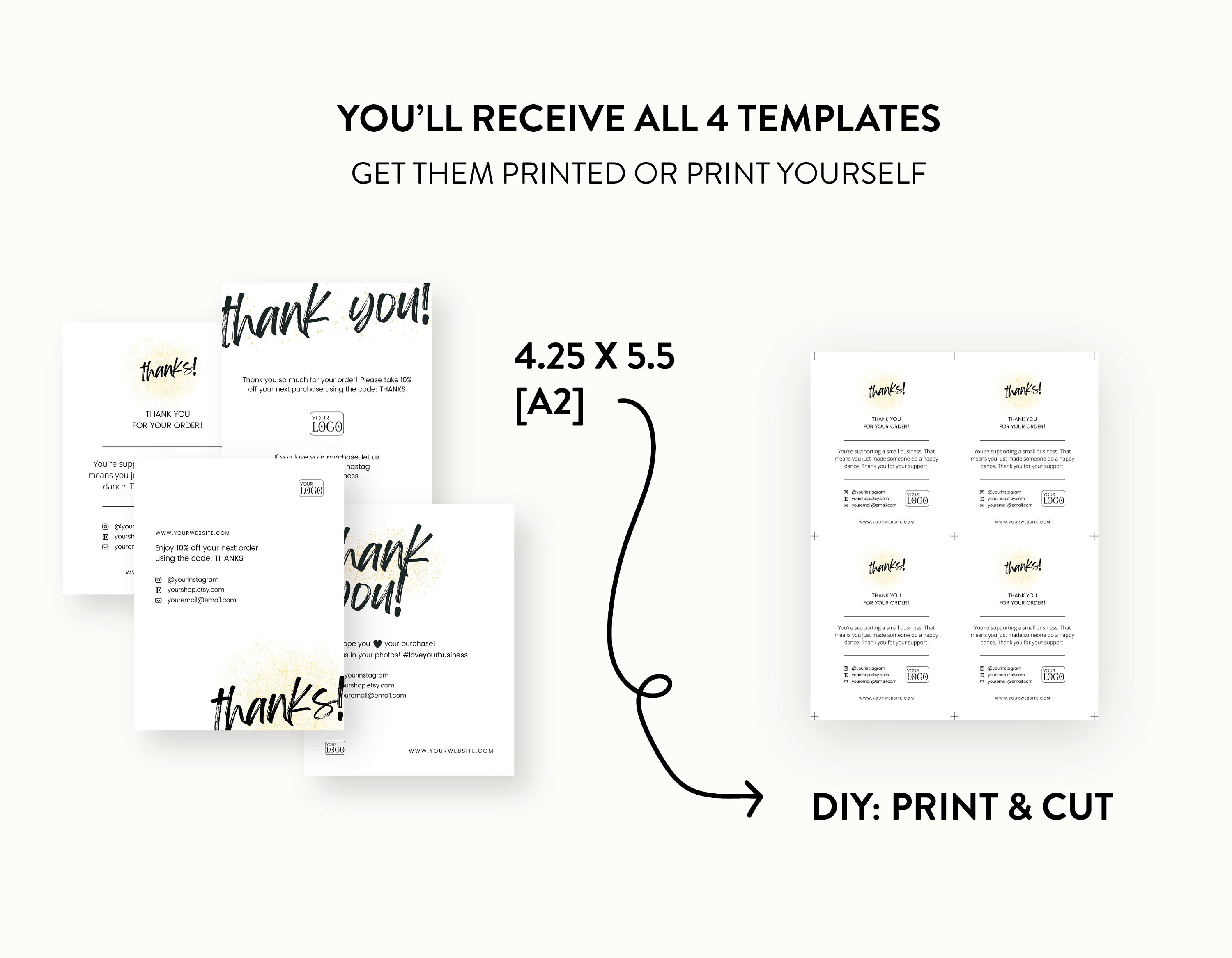 FOUR(4) DIY Printable Small Thank You Card, Thank You Card Canva ...