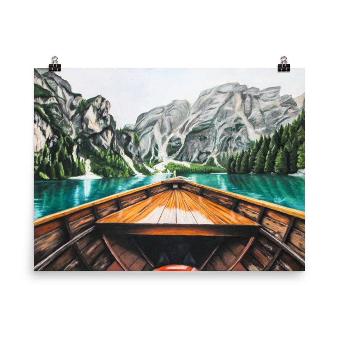 Calm Waters - Soft Pastel Drawing PRINT (water, Lake, Canoe, Mountain ...