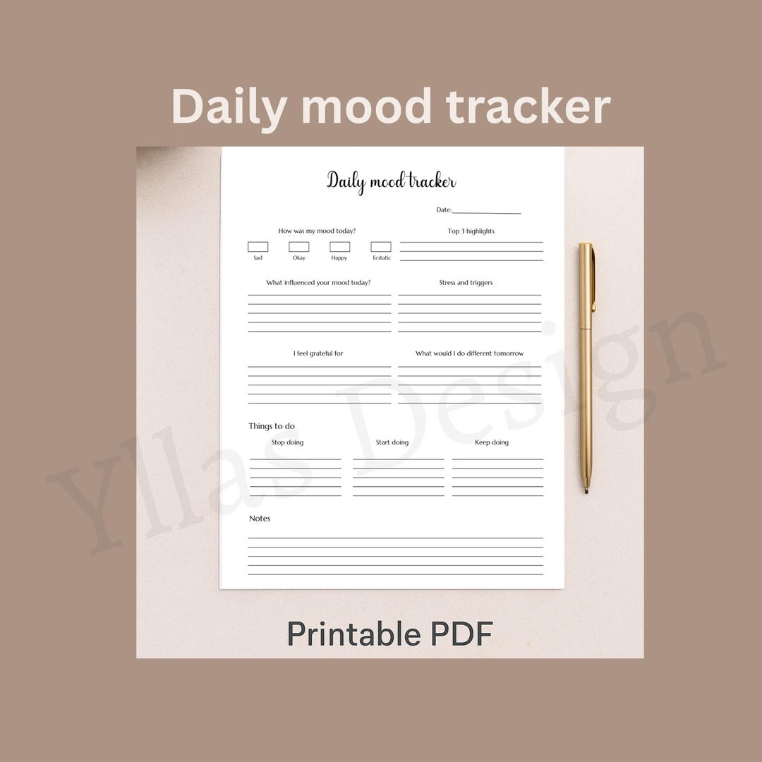 Daily Mood Tracker and Journal Printable Pdf Self-care Emotion Log ...