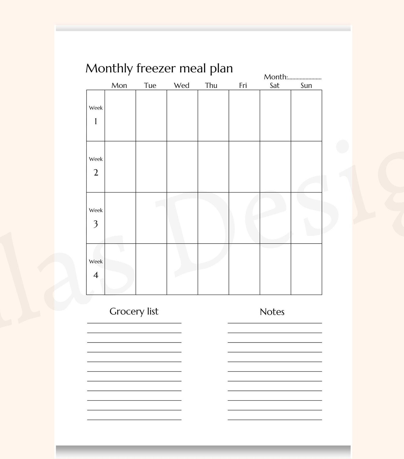 Monthly Freezer Meal Planner Printable 4 Week Meal Planner Grocery List ...